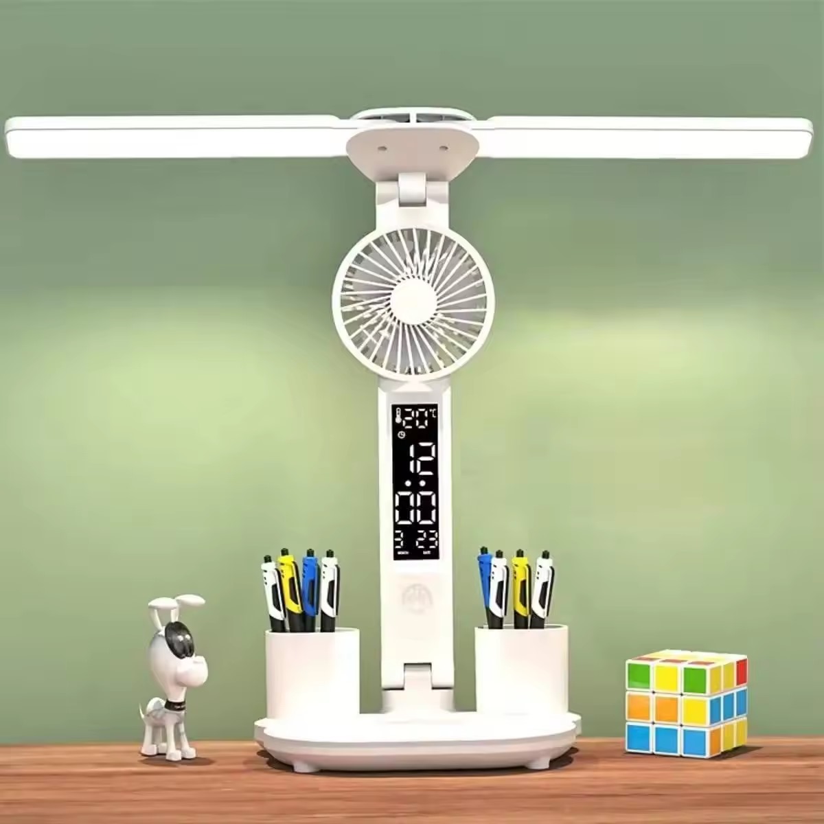 ET Perpetual calendar display LED desk lamp with fan and dual pen ...